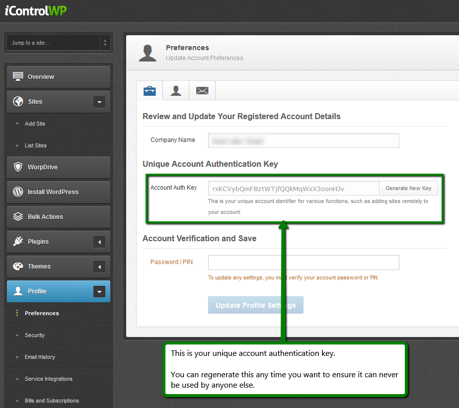 iControlWP Unique Account Authentication Key - iControlWP