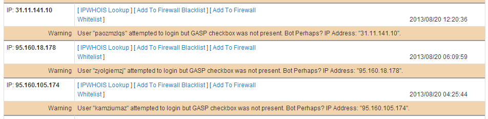 GASP Login Firewall Log - iControlWP