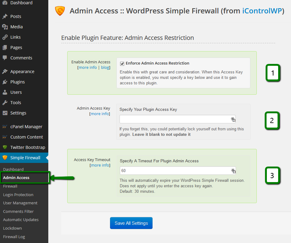WordPress Simple Firewall Admin Access Protection Feature - iControlWP